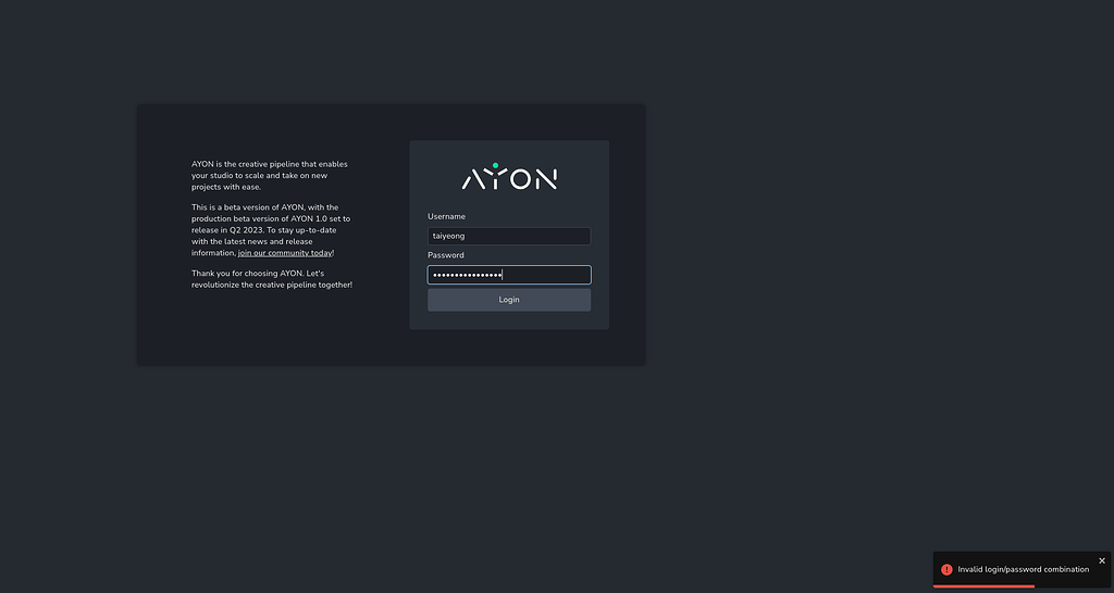 Invalid login/password combination - Development - Ynput community